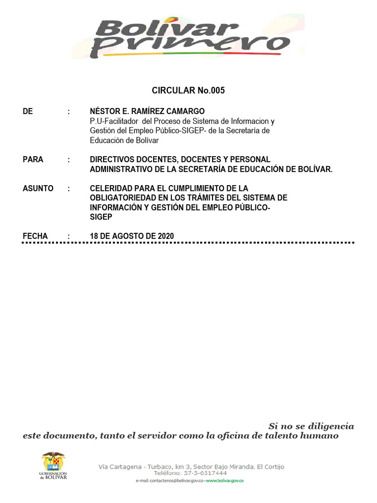 CIRCULAR No.005 SIGEP-SEDBOL | PDF