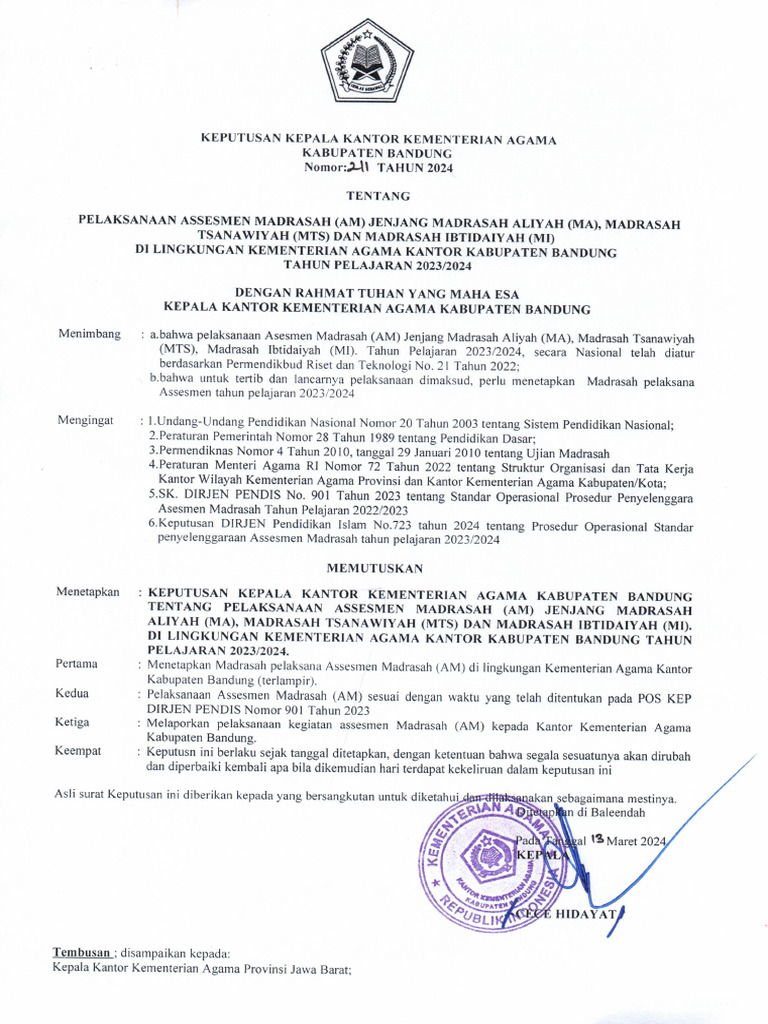 211 - 13 Mar '24 - SK Pelaksanaan Assesmen AM Jenjang MA, MTs Dan MI Di Lingkungan Kemenag ...