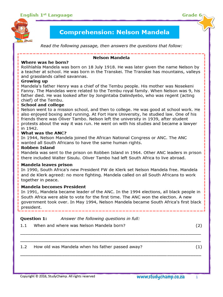 Gr6 Comprehension Nelson Mandela | PDF