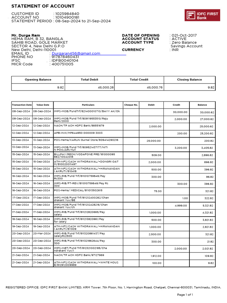IDFC FIRST Bank Statement As of 07 Sep 2024 PDF | PDF