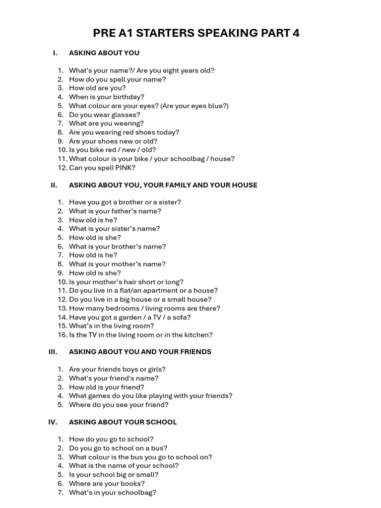 Pre A1 Starters Speaking Part 4 | PDF