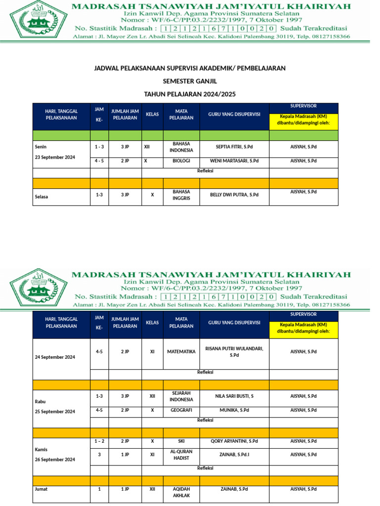 Jadwal Pelaksanaan Supervisi Akademik | PDF