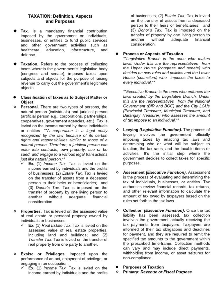 TAXATION: Definition, Aspects and Purposes | PDF | Taxes | Finance ...