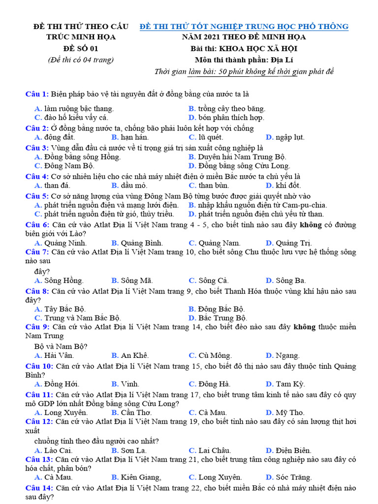 Bo de Thi Thu THPT Quoc Gia Mon Dia Li Chuan Cau Truc de Minh Hoa 2021 | PDF