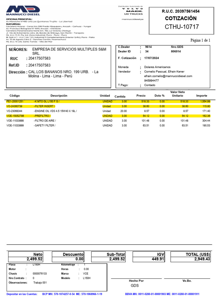 Cotizacion Volvo 806014 - S&M | PDF