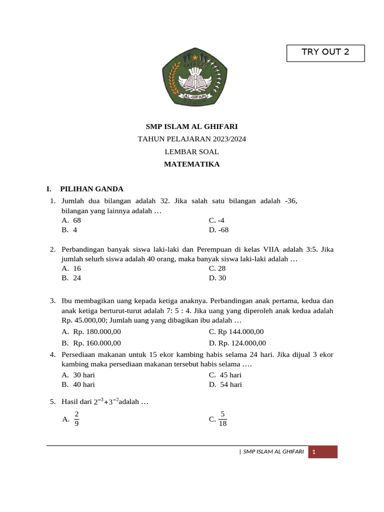 Soal Tryout 2 2024 Kelas 9 MTK | PDF