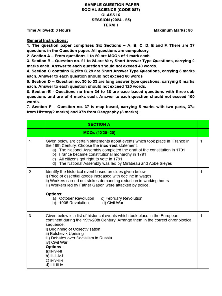 CLASS 9 TERM I SAMPLE PAPER.docx | PDF