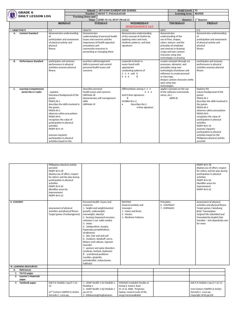 DLL - Mapeh 6 - Q1 - W2 | PDF