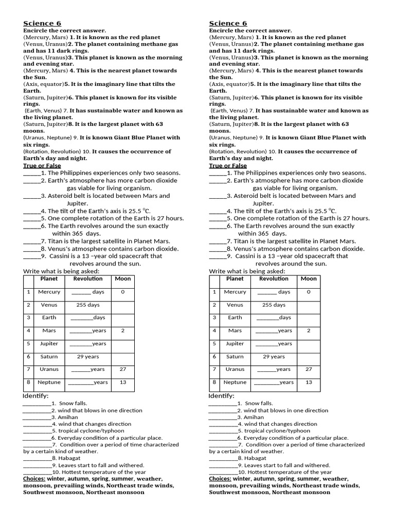 Quiz Grade 6 | PDF | Planets | Saturn