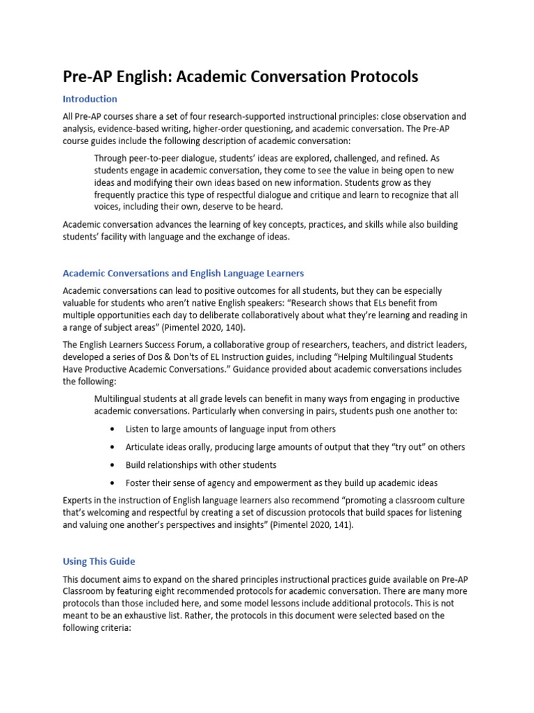 05 PreAP - English - Academic - Conversation - Protocols | PDF