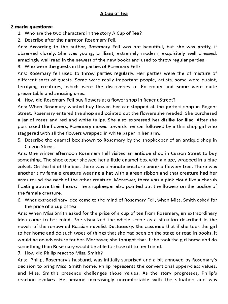 A Cup of Tea 2 Marks Question Answers | PDF