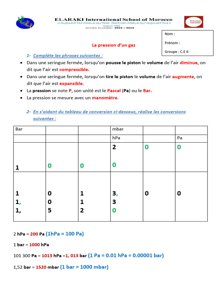 Exercices La Pression Corrig | PDF