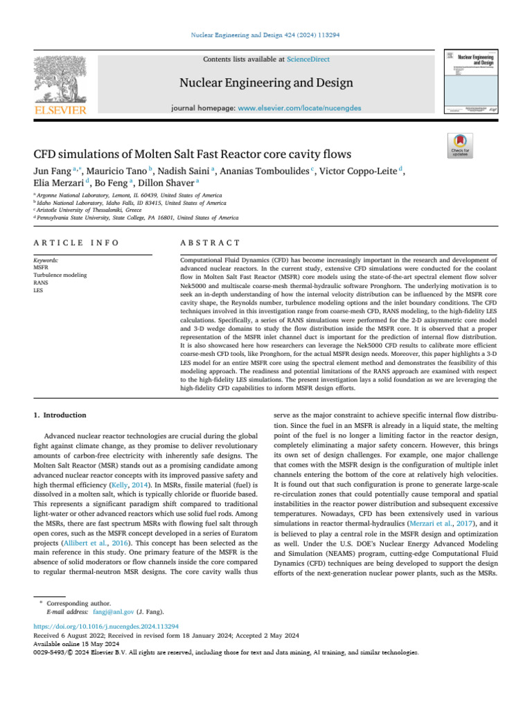 CFD Simulations of Molten Salt Fast Reactor Core Cavity Flows, 2024 | PDF