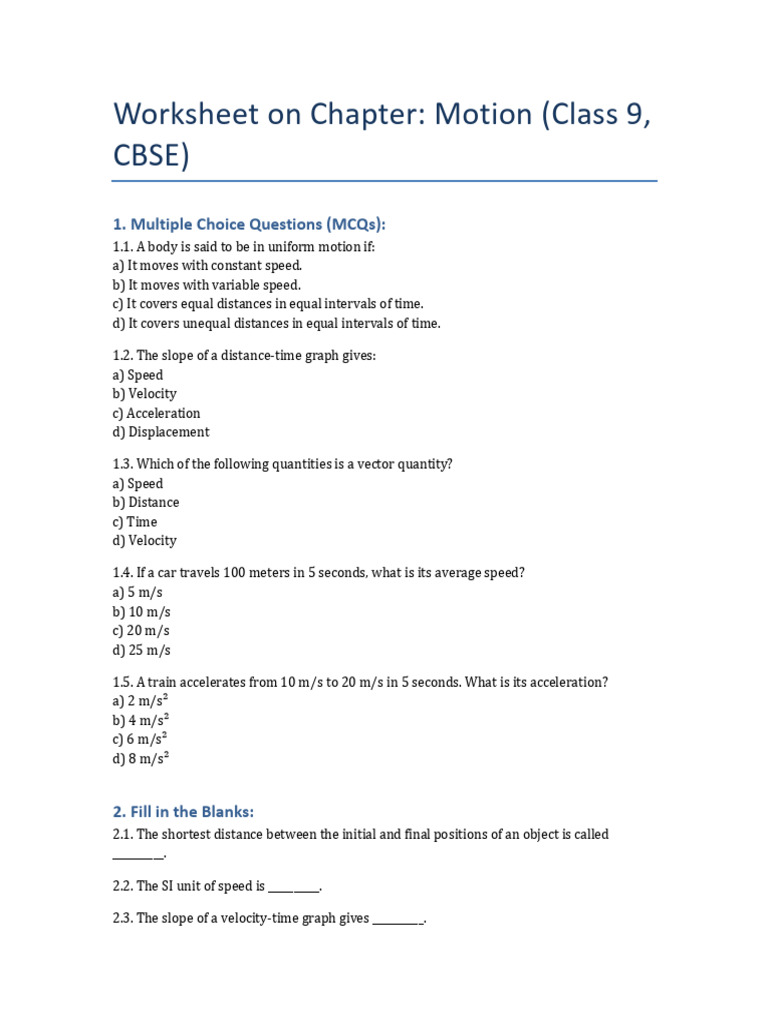 Worksheet On Chapter: Motion (Class 9, Cbse) : 1. Multiple Choice ...