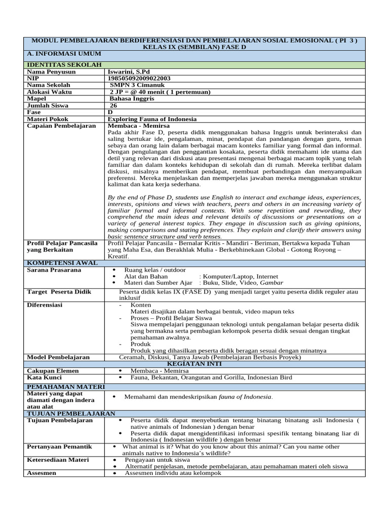 Modul Ajar Berdiferensiasi Dan PSE | PDF
