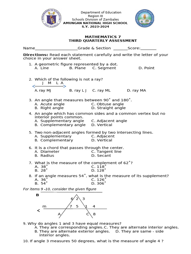 Math 7 3rd Quarter Exam and Answer Key and TOS | PDF | Angle ...