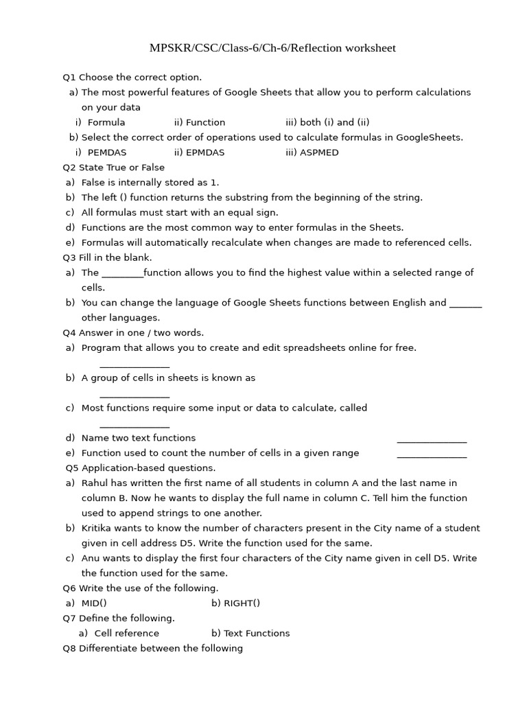 Class 6 - Chapter 6 Reflection Worksheet | PDF | Computers
