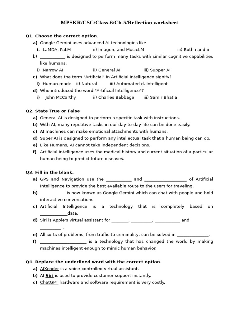 Class 6 - Chapter 5 Reflection Worksheet | PDF | Artificial ...