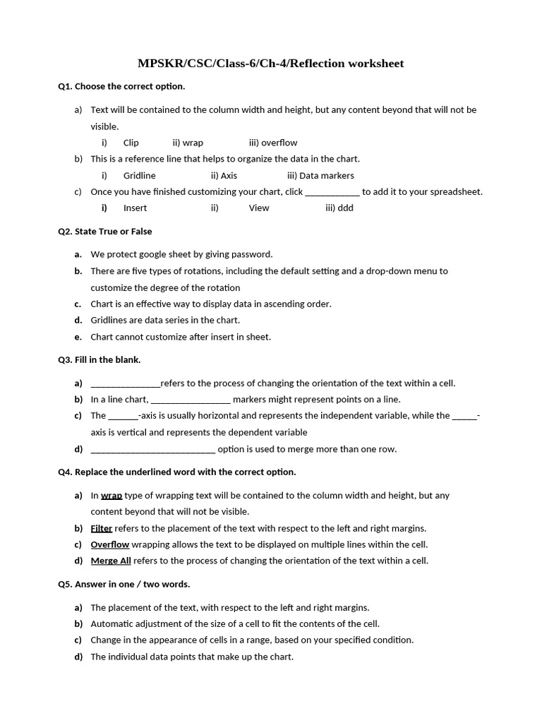 Class 6 - Chapter 4 Reflection Worksheet | PDF | Chart | Computing