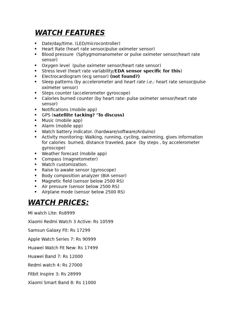 Smartwatch Features, Prices and Equipment Prices | PDF