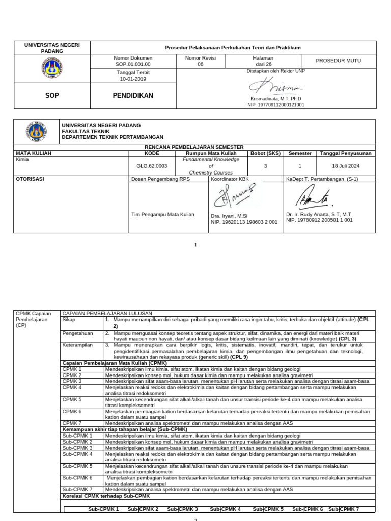 Prosedur Perkuliahan Kimia UNP | PDF