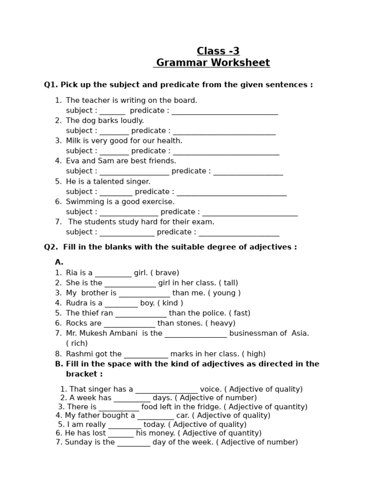 English Class 3 Revision Sheet | PDF