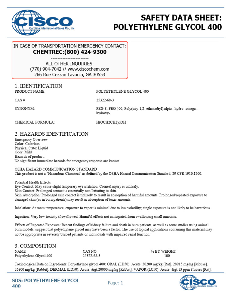 Polyethylene Glycol 400 Sds | PDF