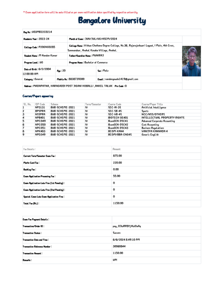 Uucms - Karnataka.gov - in ExamGeneral PrintExamApplication | PDF