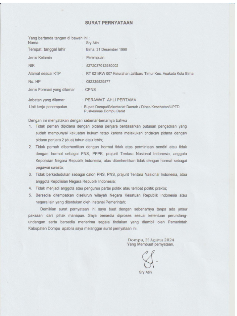 Surat Pernyataan 5 Point Sry Atin | PDF