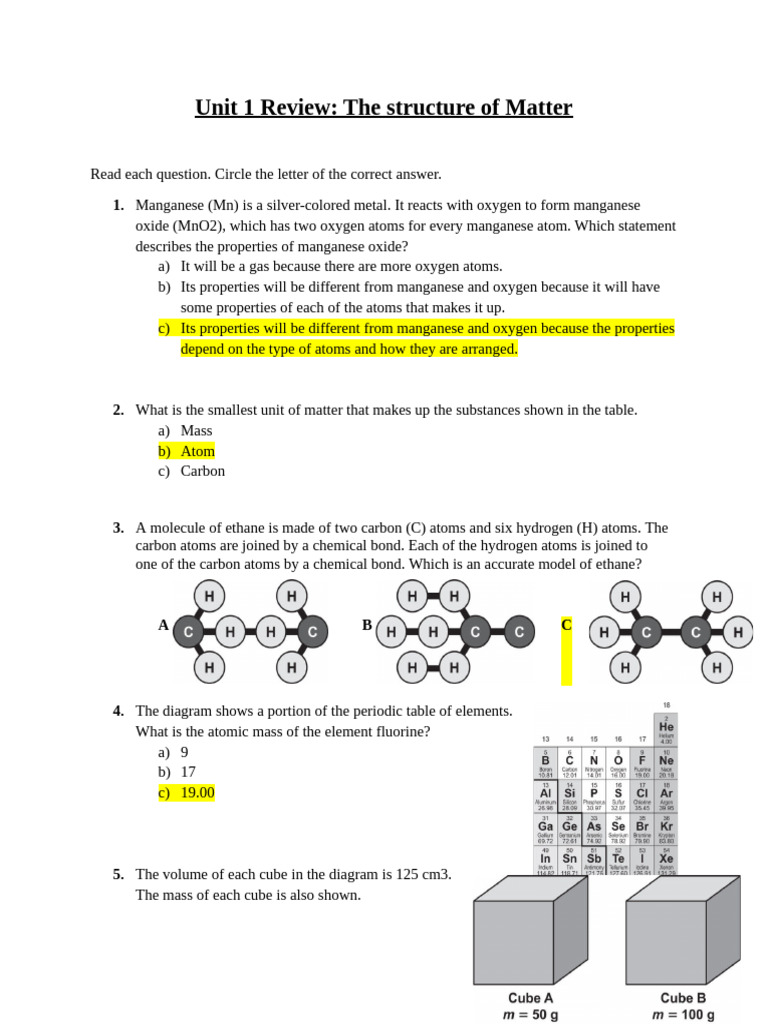 Unit 1 Review: The Structure of Matter | PDF