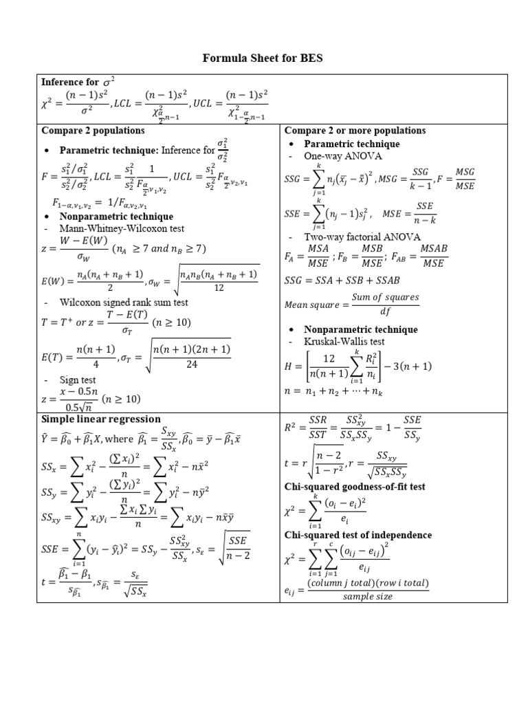 Formula Sheet For Sta2 | PDF