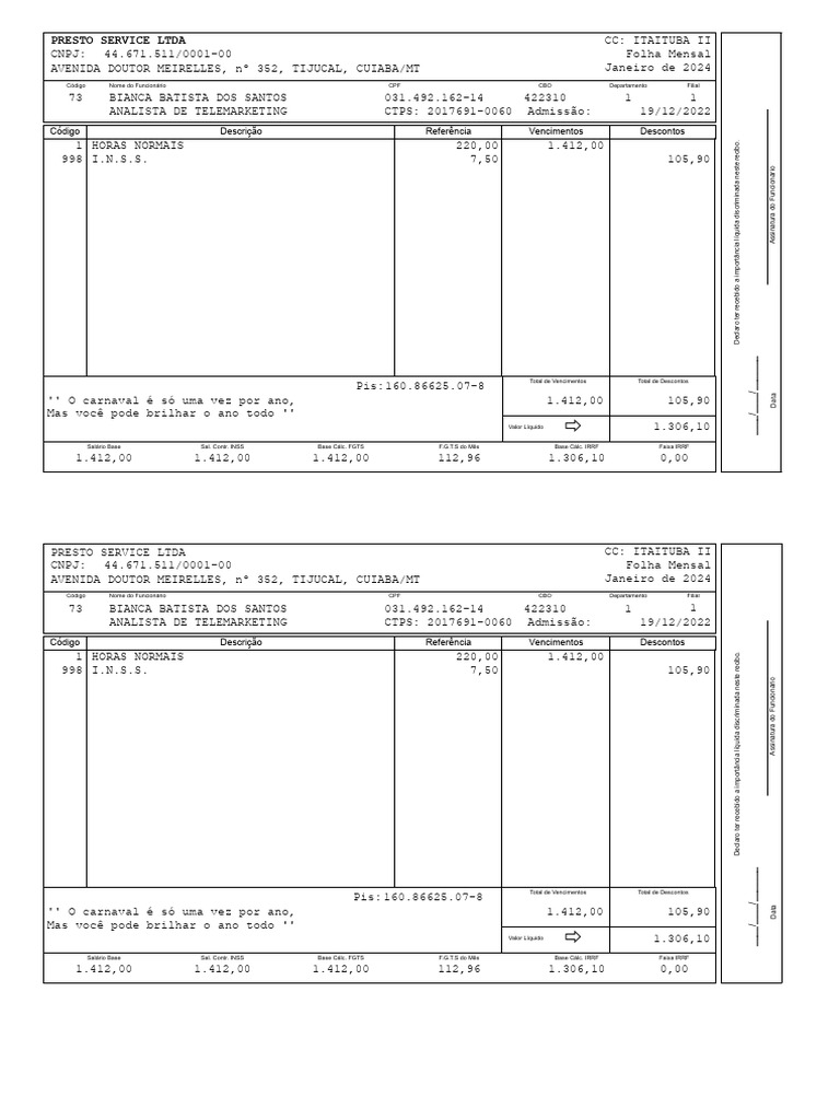 Bianca Batista Dos Santos Holerite - 2024-01-01 | PDF