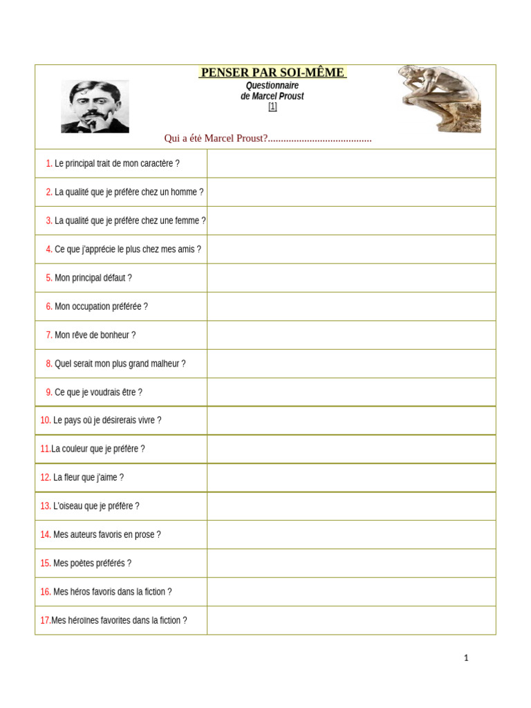 Questionnaire de Marcel Proust 10-11, 2024 | PDF