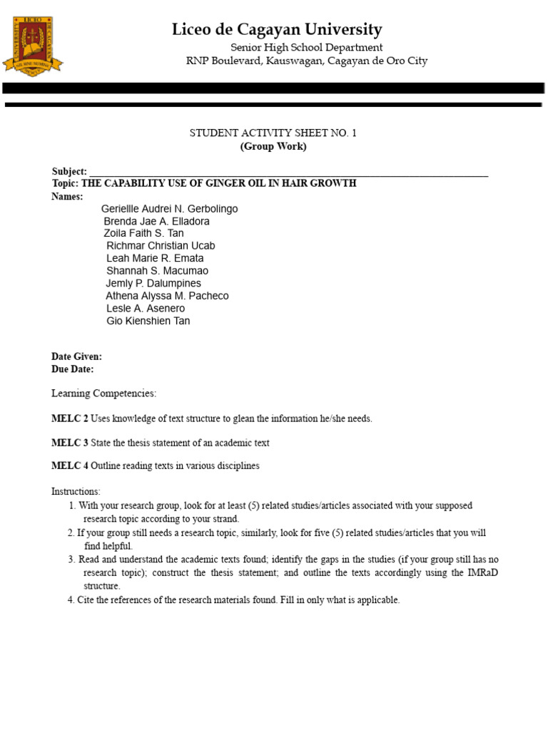 Activity Sheet 1 - Thesis Statement and Outlining | PDF