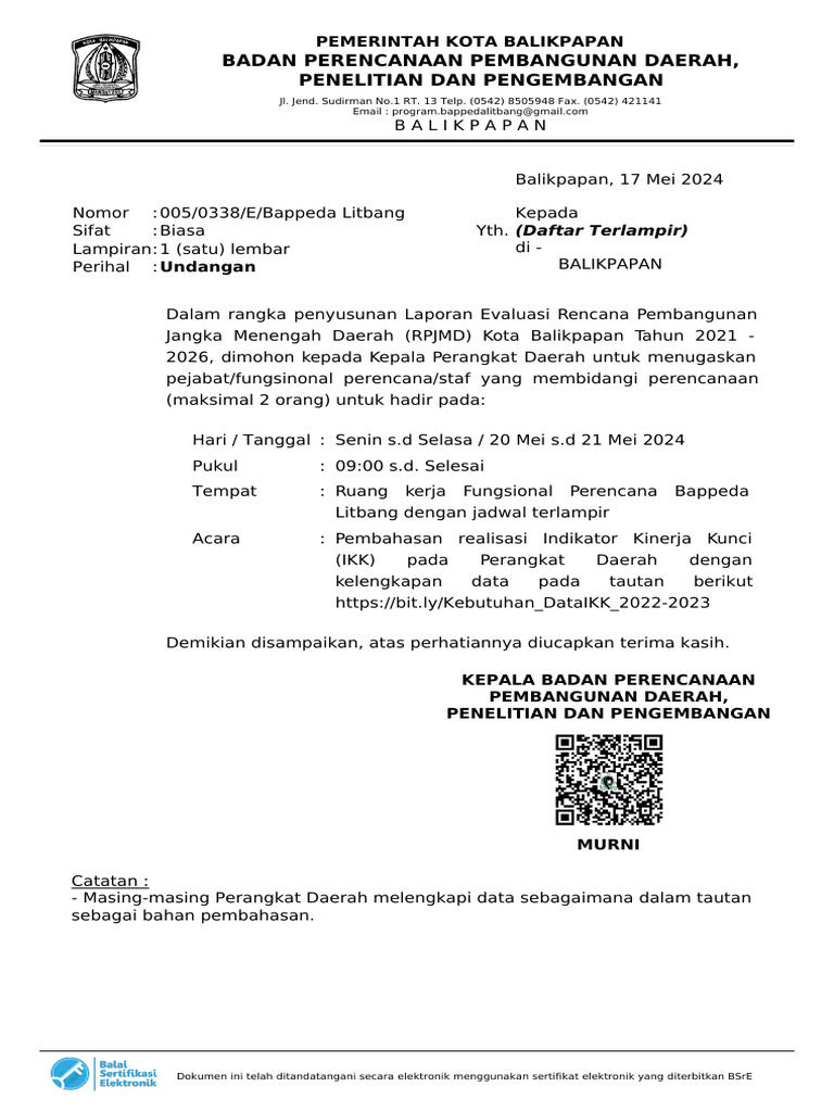 Suratundangan - Realisasi IKK - 20-21 Mei 2024 | PDF