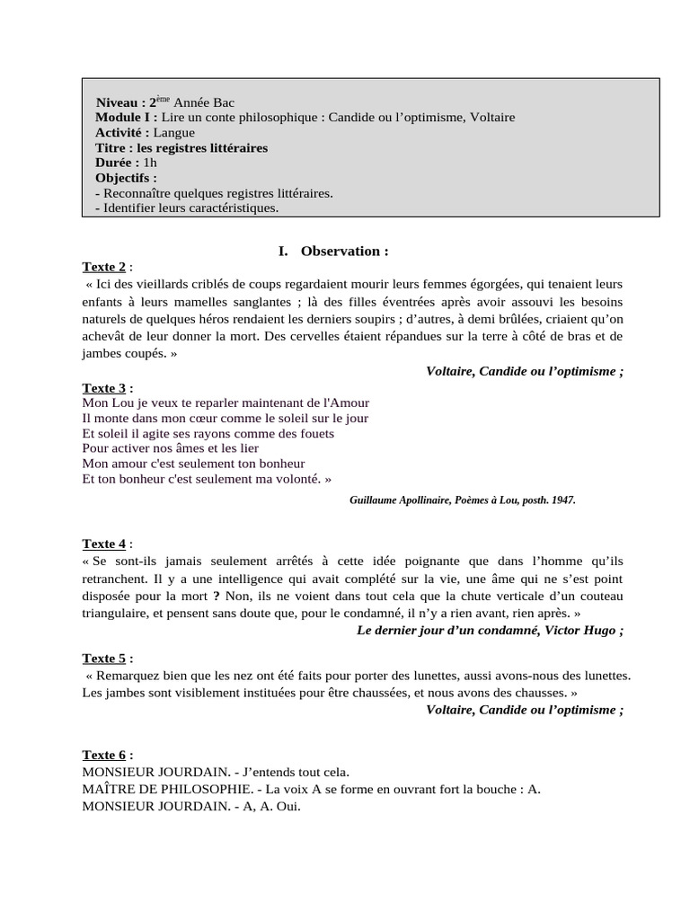 Fiche Registre Littéraire Candide | PDF