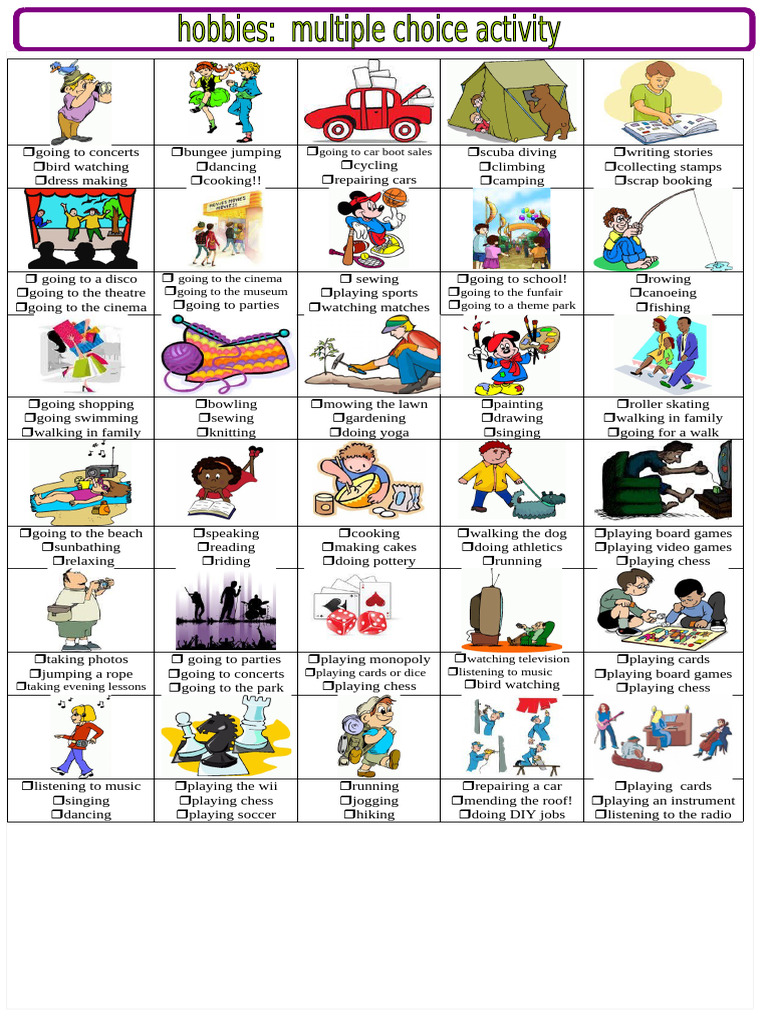 Hobbies and Pastimes Multiple Choice Activities Picture Description ...