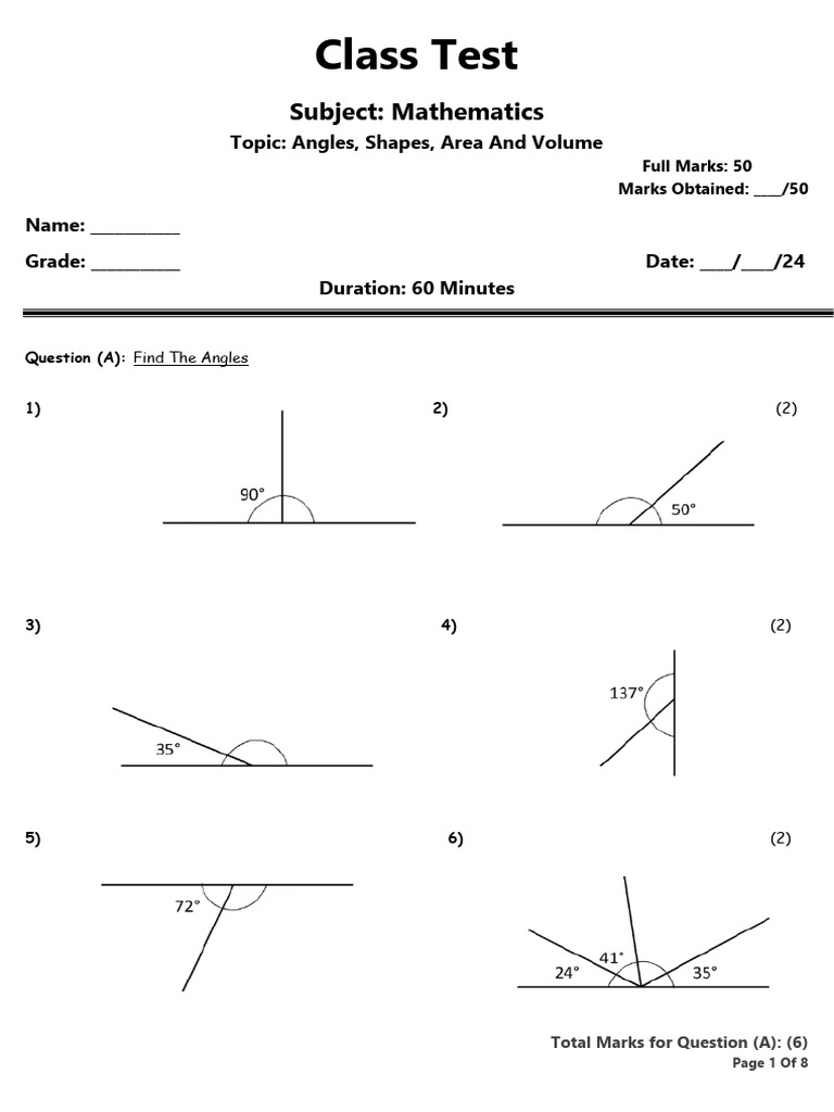 Test on Angles, Shapes, Area And Volume | PDF