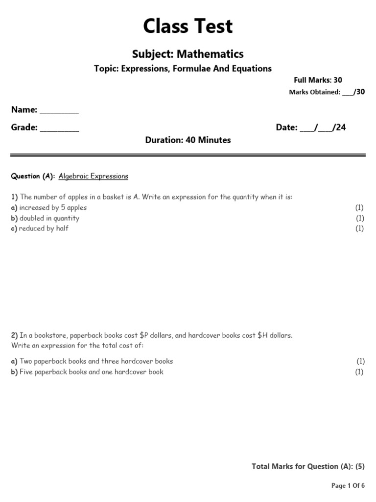 Test On Expressions, Formulae and Equations | PDF