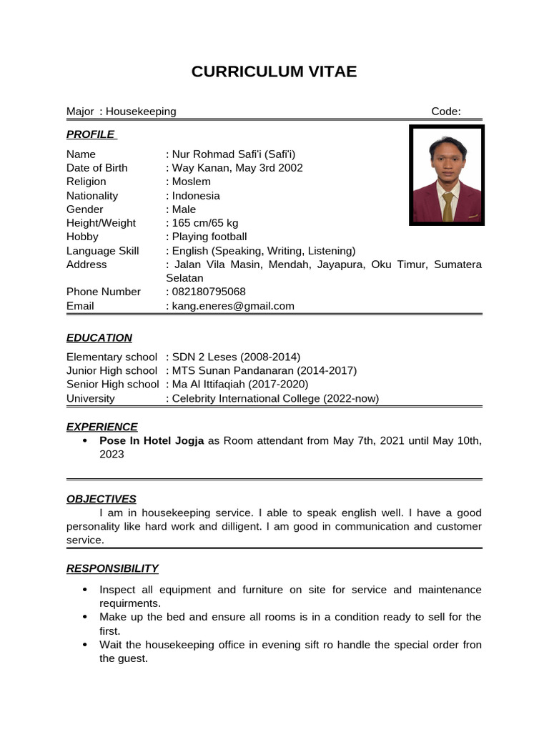 CONTOH CV - INTERSHIP TAIWAN | PDF
