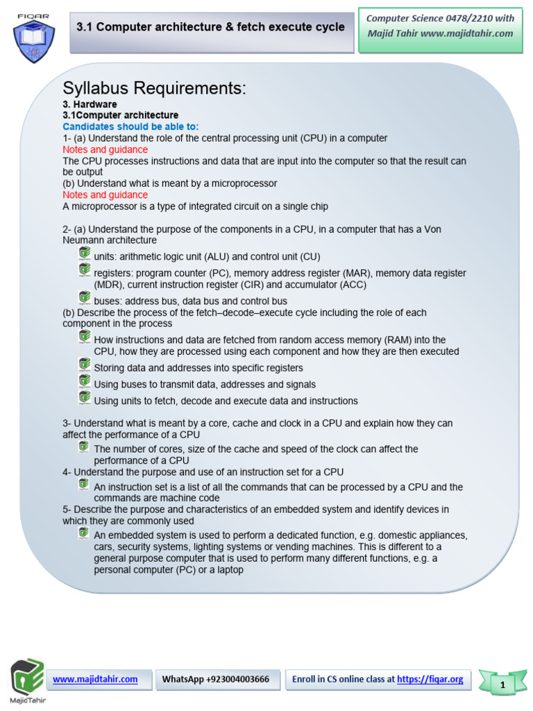 3.1 Computer Architecture & Fetch Execute Cycl | PDF | Central Processing Unit | Cpu Cache