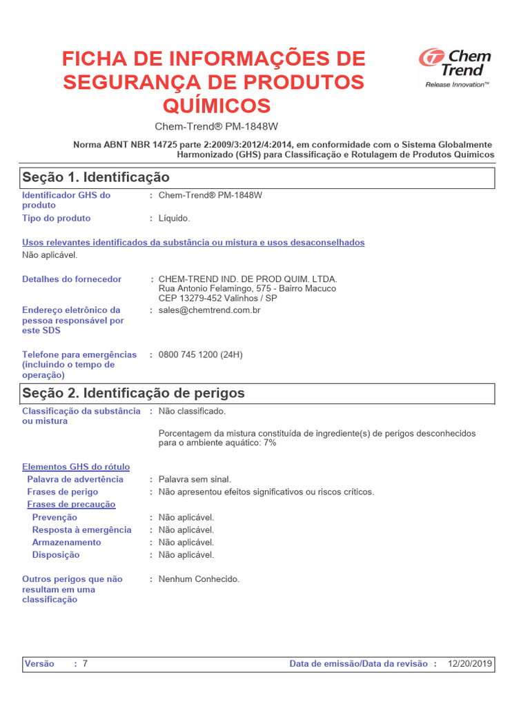 FISPQ dESMOLDANTE - Chem-Trend PM-1848W (SDS BR) | PDF