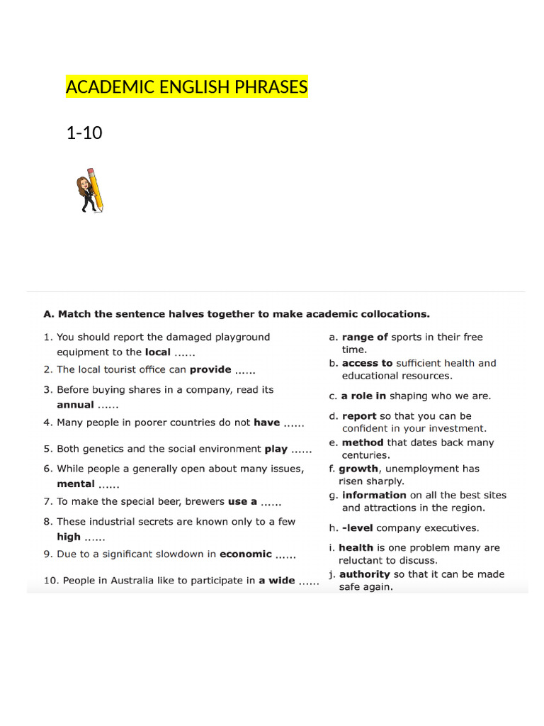 Academic English Phrases - ESOL/IELTS/EFL WORKSHEET | PDF | Verb ...