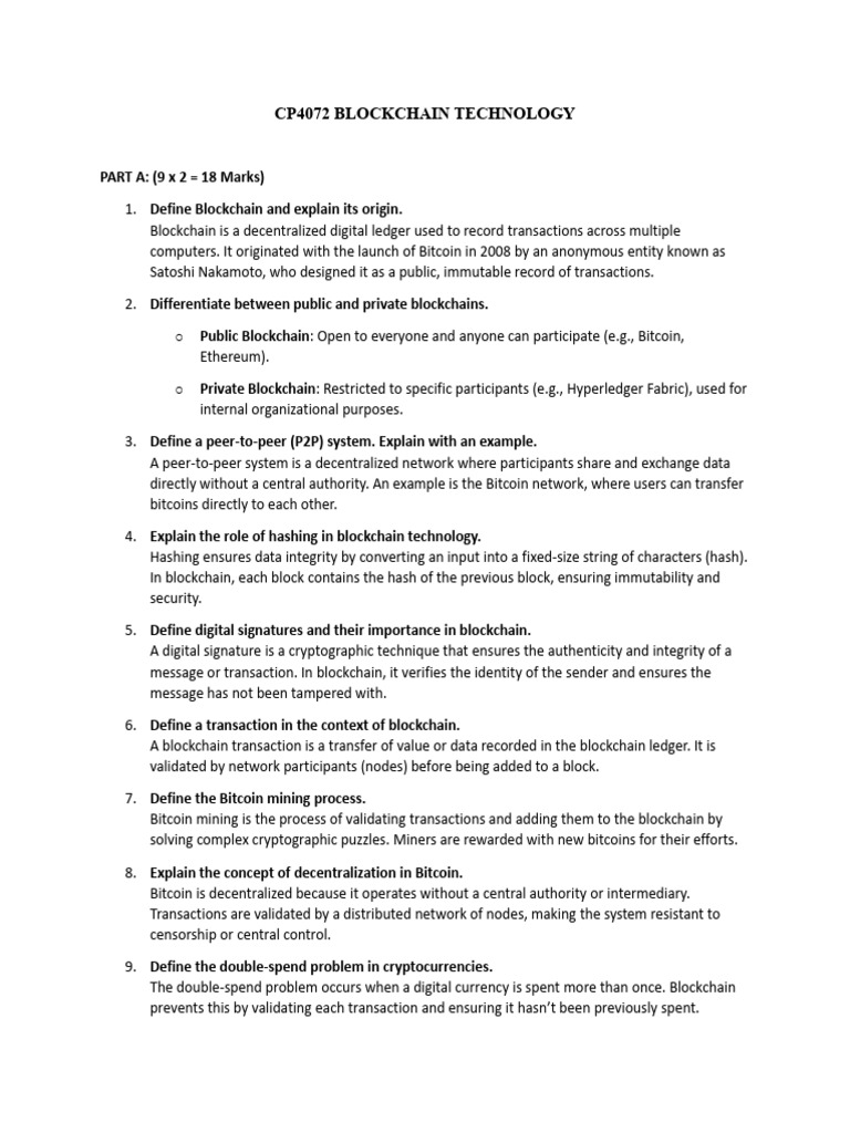 CP4072 Blockchain Technology Answer Key | PDF