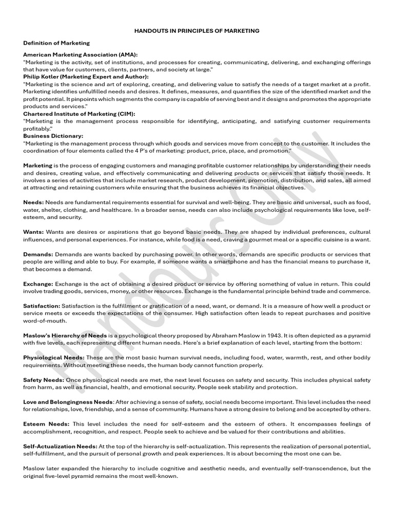 Handouts in Principles of Marketing | PDF