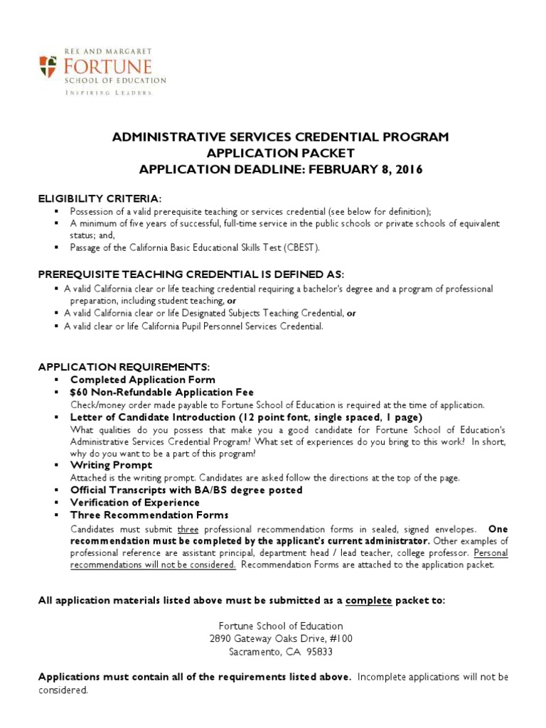 Administrative Services Credential Application 2015-16 | PDF ...