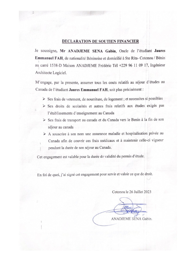 Declaration de Soutien Financier | PDF
