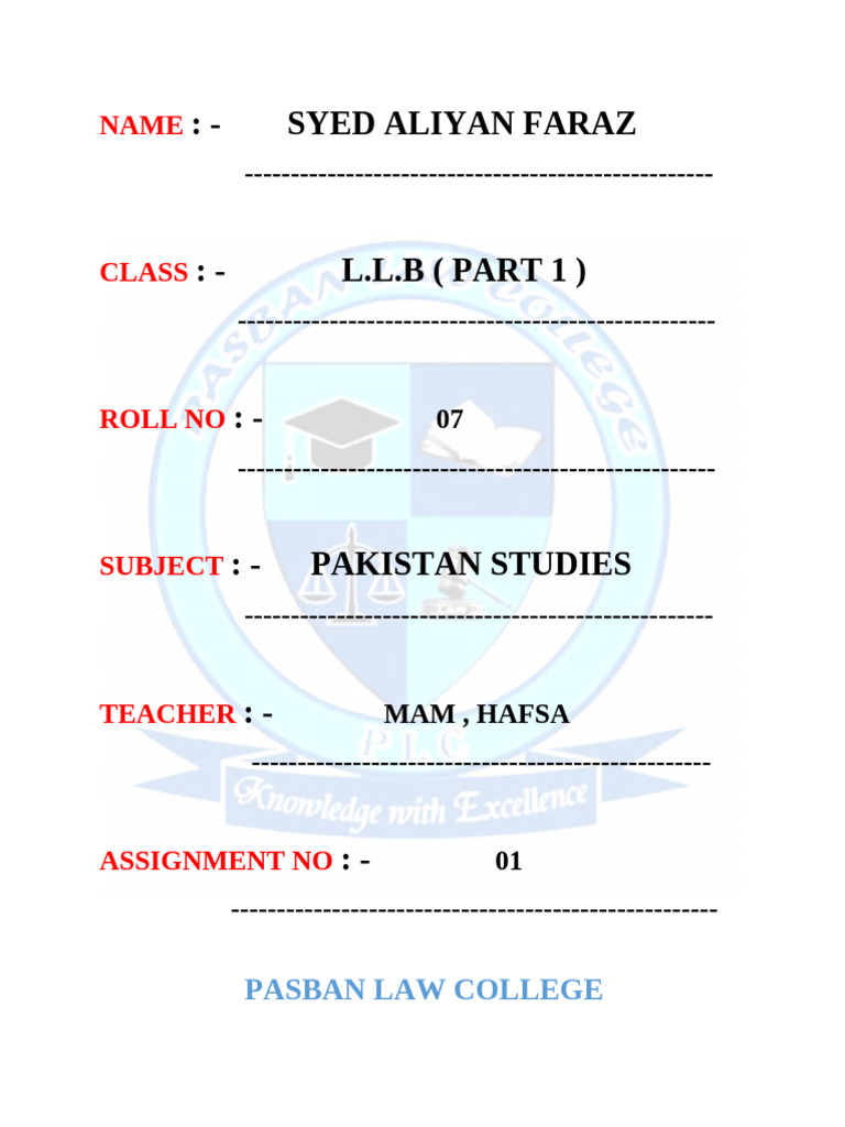 Pakistan Studies Assignment | PDF