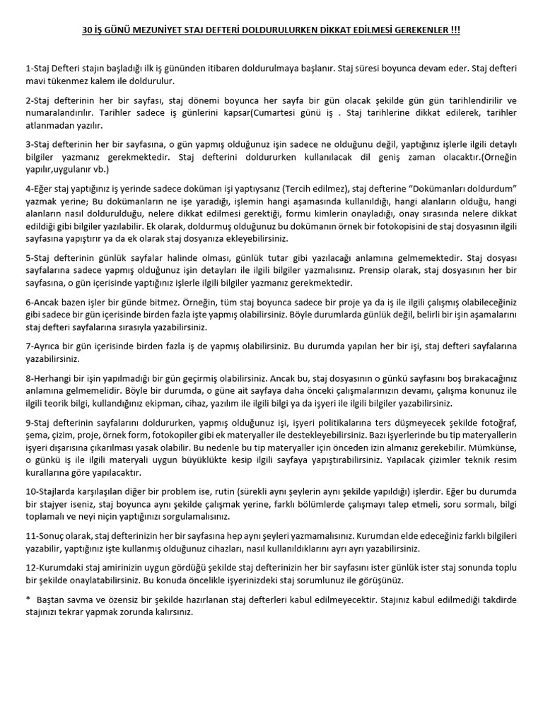 30 Gunu Mezuniyet Staj Defteri Doldurulurken Dikkat Edilecek Kurallar | PDF