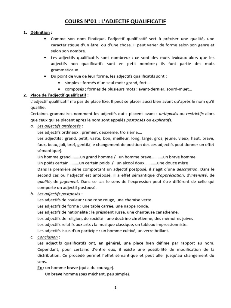 Les Expansions Du Nom - Ladjectif Qualificatif | PDF
